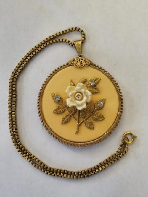 Vintage MIRIAM HASKELL GoldTone Bakelite Celluloid Rhinestone Rose Disc ...