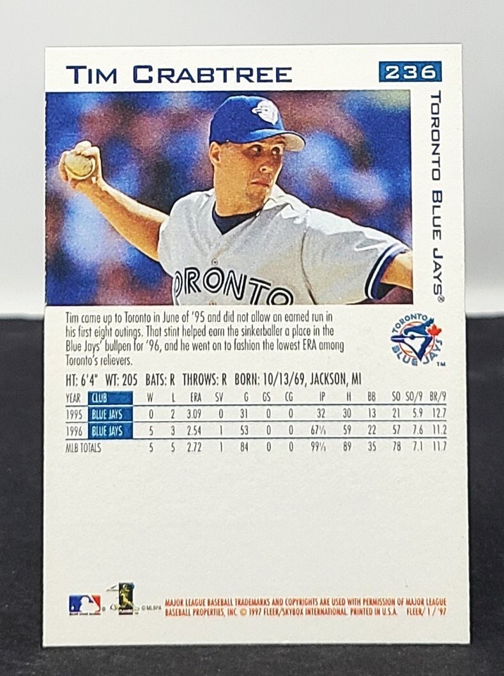 TIM CRABTREE Signed Autographed 1997 Fleer Baseball Card # 236 Toronto ...