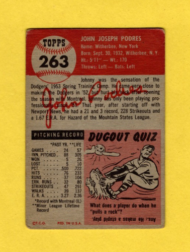 1953 Topps John Johnny Podres ROOKIE #263 Brooklyn Dodgers VG Marked ...