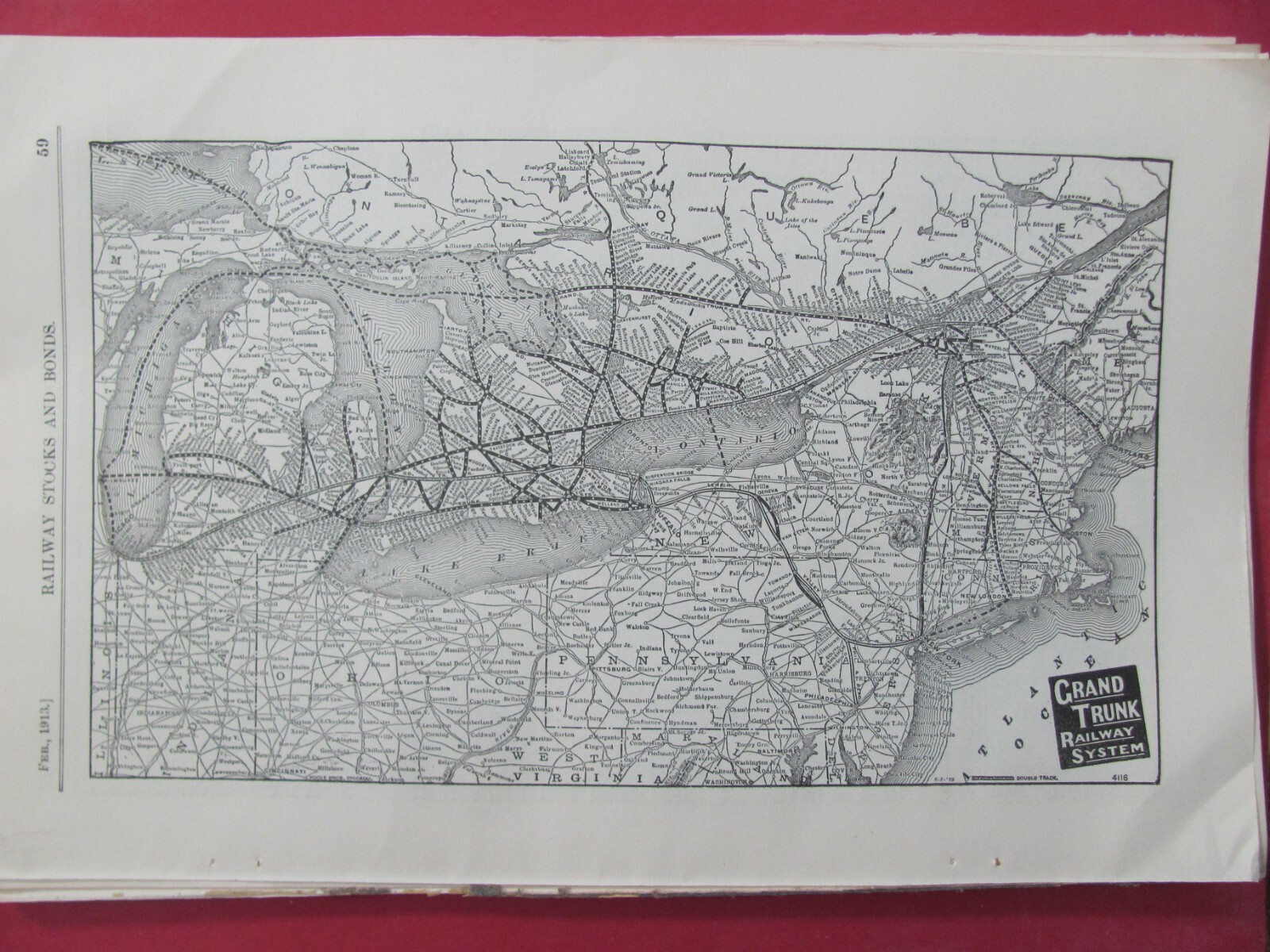 1913 GRAND TRUNK WESTERN RAILROAD SYSTEM MAP ROUTES STATIONS GTW RR ...