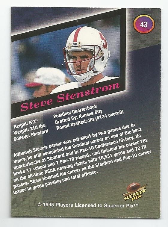 1995 Superior Pix Autograph Steve Stenstrom #'d /5000 Stanford Cardinal ...