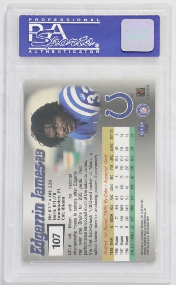 1999 Fleer Mystique Edgerrin James Rookie RC /2999 #107 PSA 9 Mint HOF ...