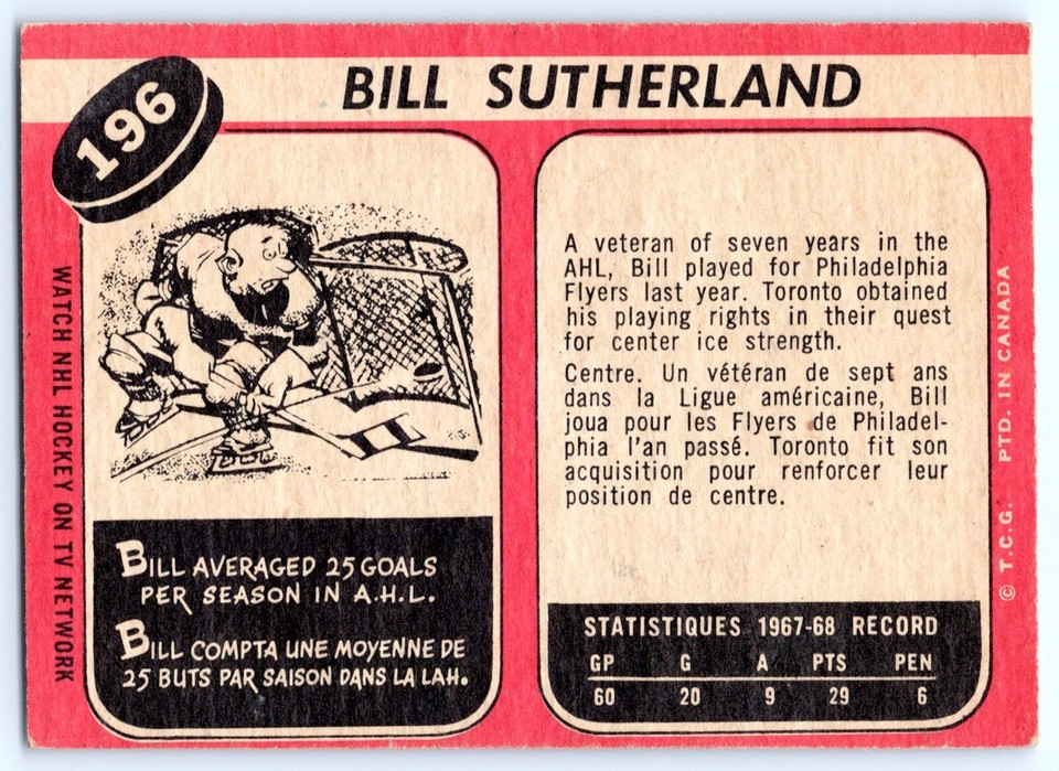 BILL SUTHERLAND RC 1968-69 O-PEE-CHEE 68-69 NO 196 EX+ 43119 | eBay