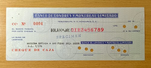Banco de Londres y Montreal Honduras specimen cheque | eBay