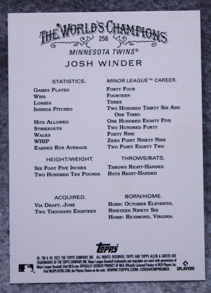 2022 Topps Allen & Ginter Josh Winder Hot Box Silver Foil RC #256 Twins ...