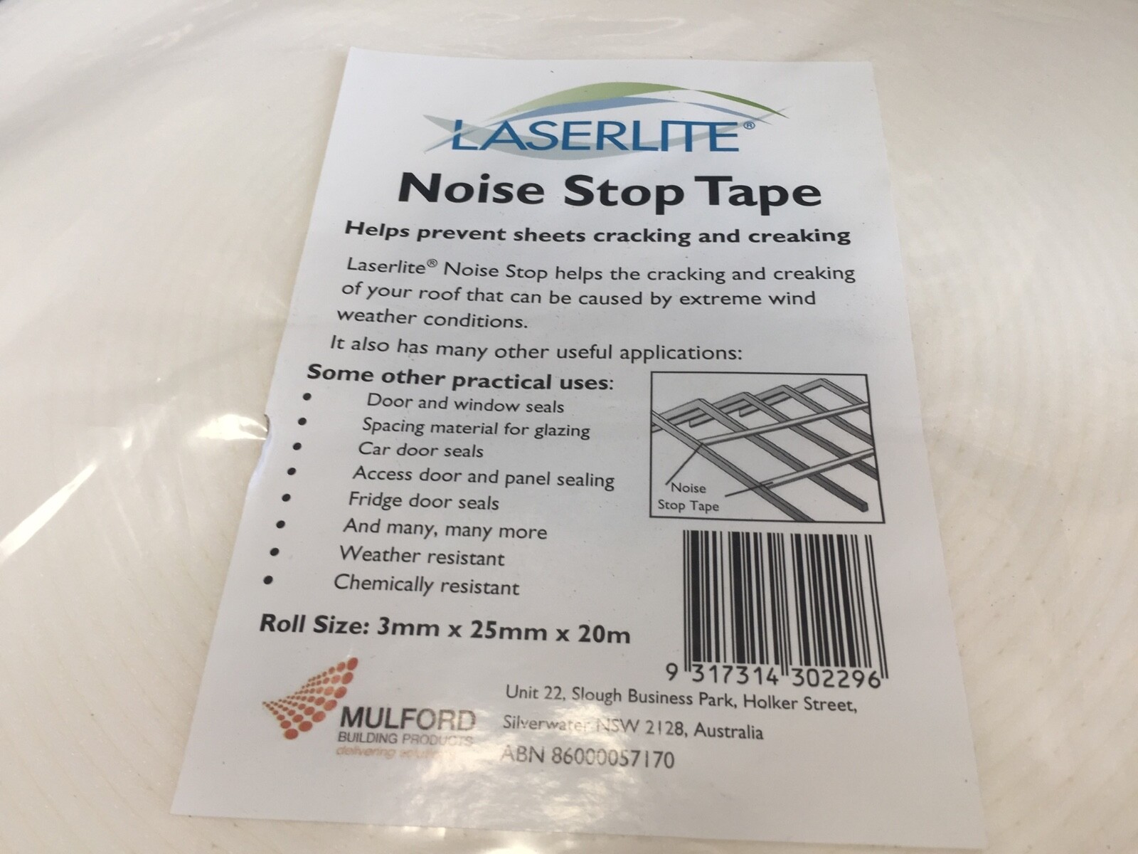 Laserlite Noise Stop Tape for Polycarbonate Sheeting Roofing 25mm x 20M ...