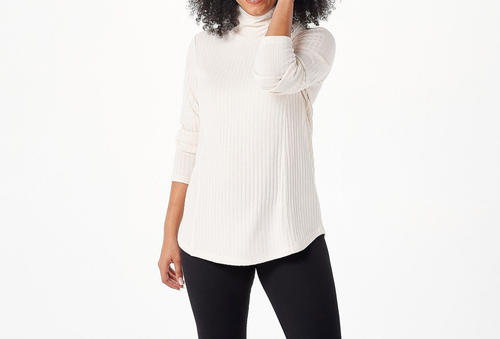 Susan Graver Weekend Ribbed Sweater Knit Turtleneck Tunic Top- Ivory ...