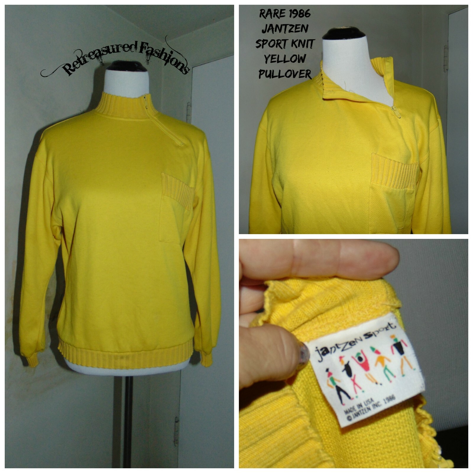 1986 VTG Jantzen Sport Yellow Knit Zip Up Collar Swea… - Gem