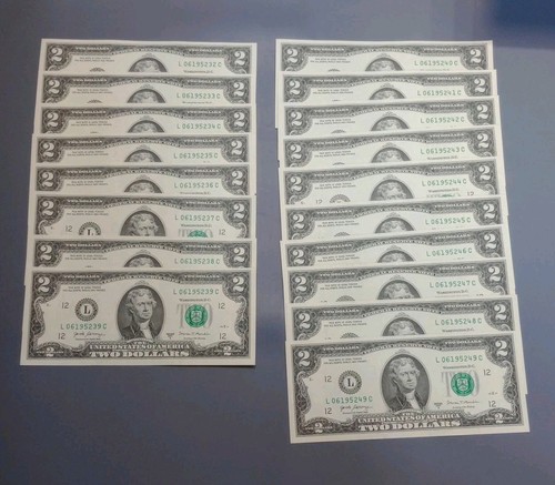 ( 18 ) 2 Dollar Bills Consecutive Serial Numbers Off Center Cut ...
