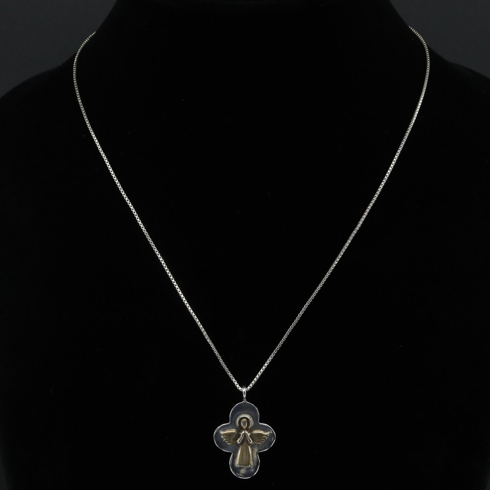 VTG Sterling Silver - Two-Tone Guardian Angel & Cross Pendant 20 ...