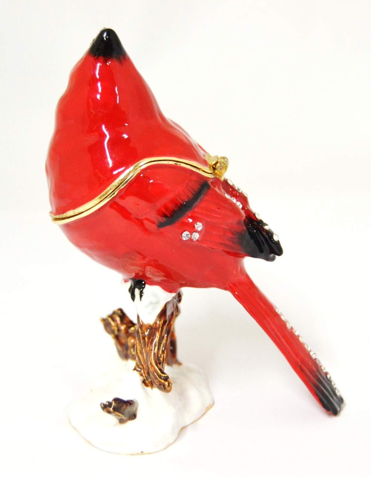CARDINAL ON BRANCH TRINKET BOX. HAND PAINTED ENAMEL WITH SWAROVSKI ...