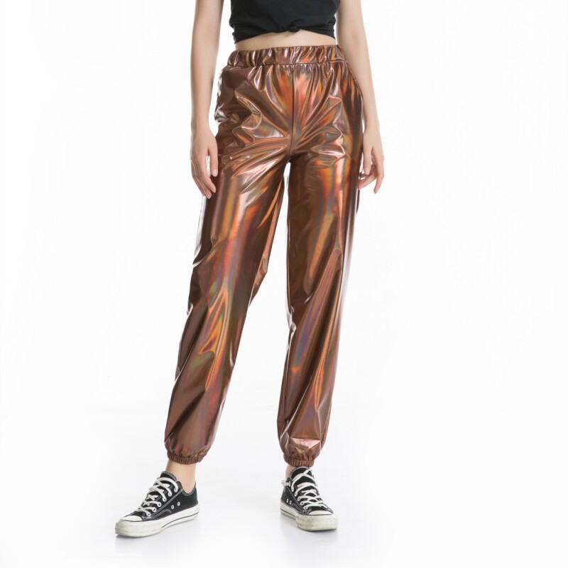 Women Shiny Holographic Pants Loose Metallic Trousers Dance Streetwear ...