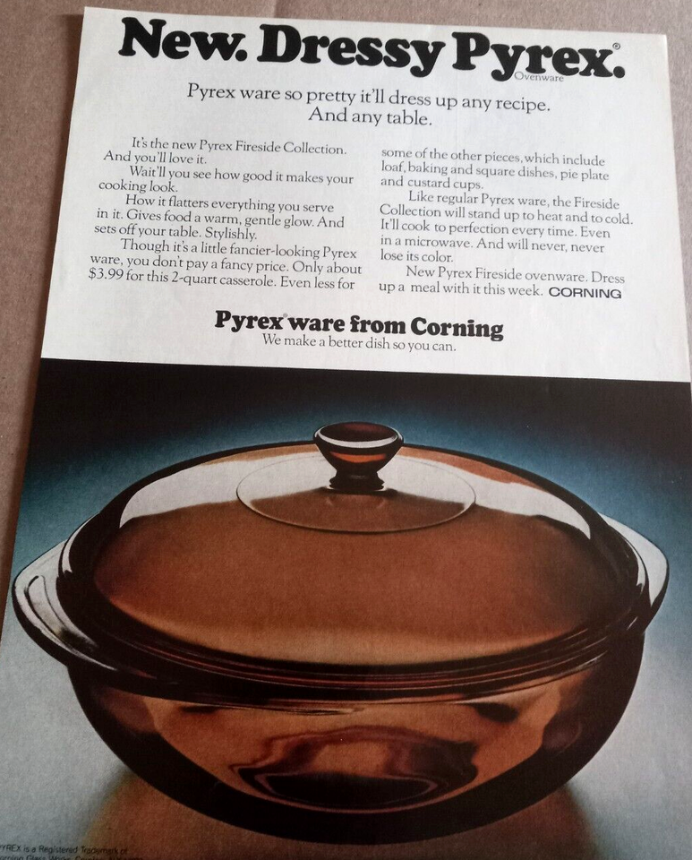 1977 print ad -Pyrex Ware Fireside ovenware Corning Glass Works ...