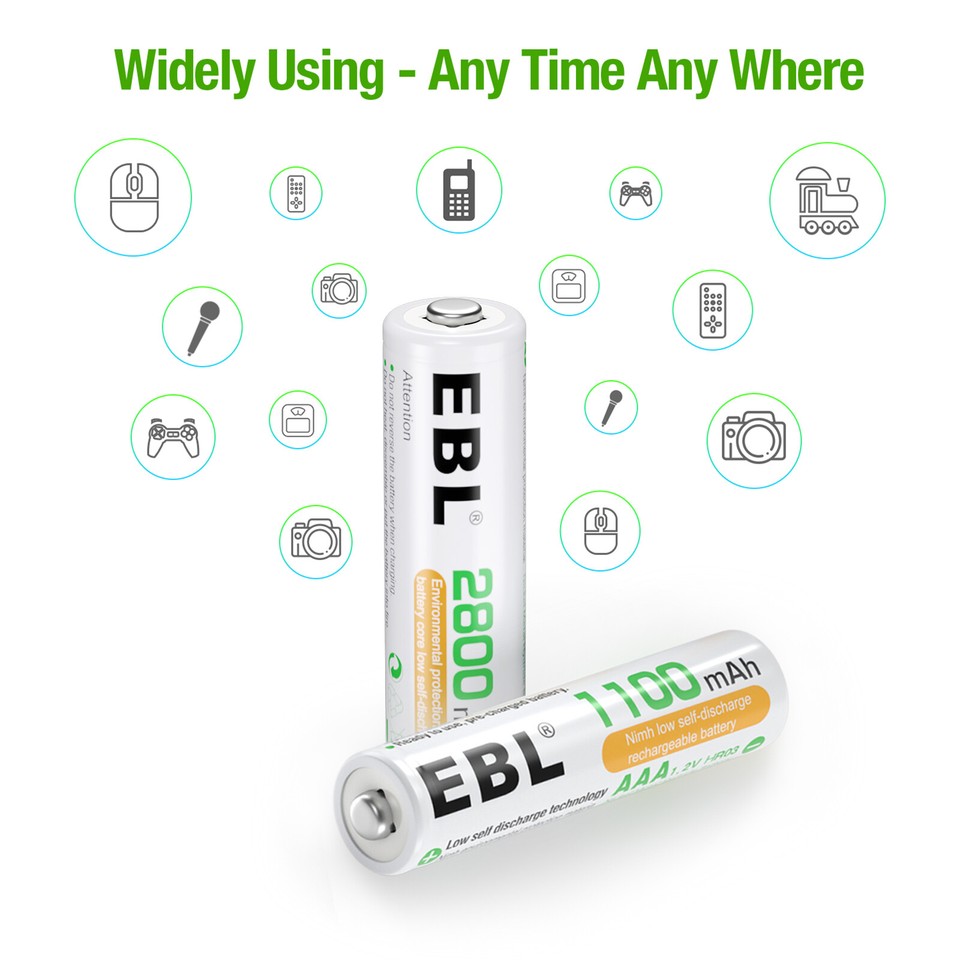EBL Double A, Triple A Rechargeable Batteries 2800mAh 800mAh NI-MH 1.2V ...