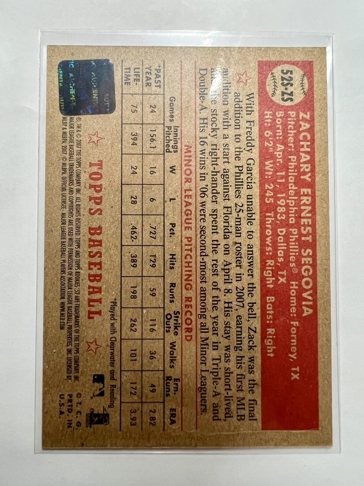 2007 Topps '52 Signatures Zack Segovia #52S-ZS Auto Philadelphia ...