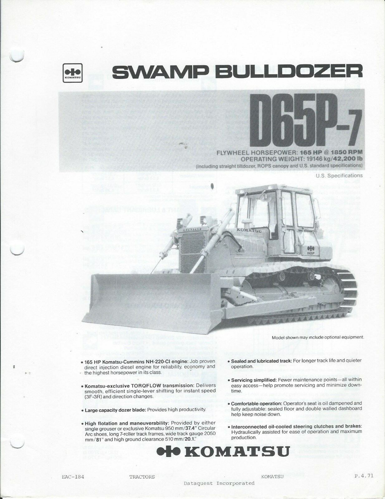 Equipment Brochure - Komatsu - D65P-7 - Swamp Bulldozer - Old Photocopy ...