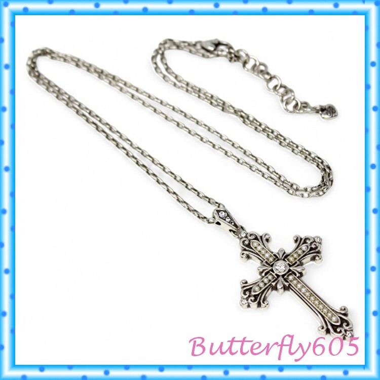 Brighton Cross Crystal Faux Pearl Pendant Long Silver Necklace | eBay
