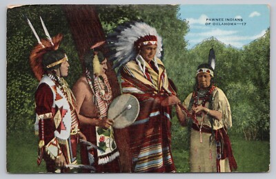 Pawnee Indians In Full Regalia Head Dress Oklahoma Ok Unp Peace Pipe 7001