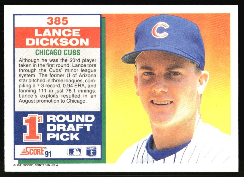 1991 Score Lance Dickson Rookie #385 Chicago Cubs | eBay