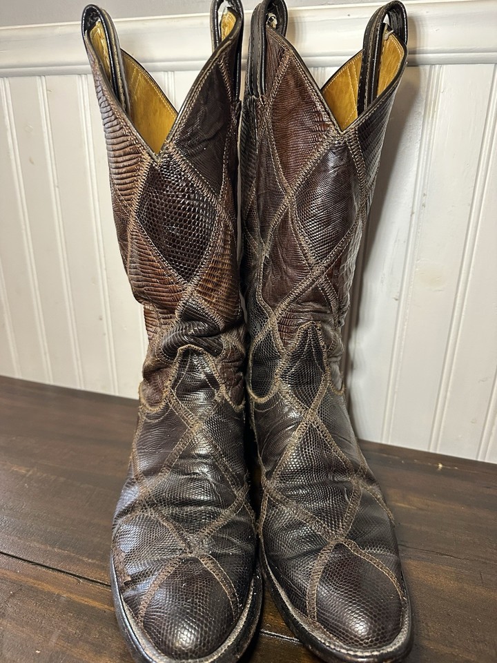 VTG Tony Lama Gold Label Full Patchwork Lizard Exotic Cowboy Boots M-8D ...