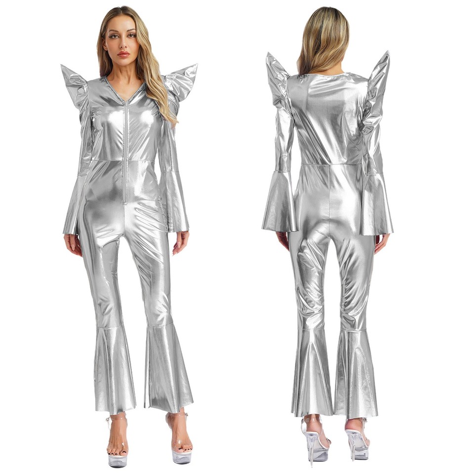 US~ Womens Shiny Metallic Disco Costumes 70s 80s Shoulder Pads Jumpsuit ...