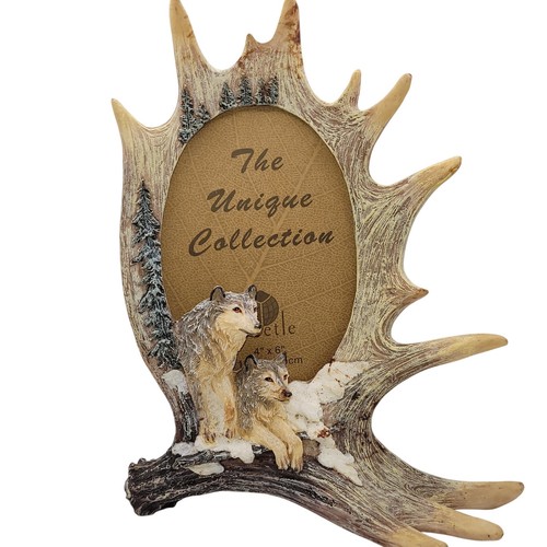 Wolves Antler Resin picture frame Rustic Cabin decor 9x7" free standing ...