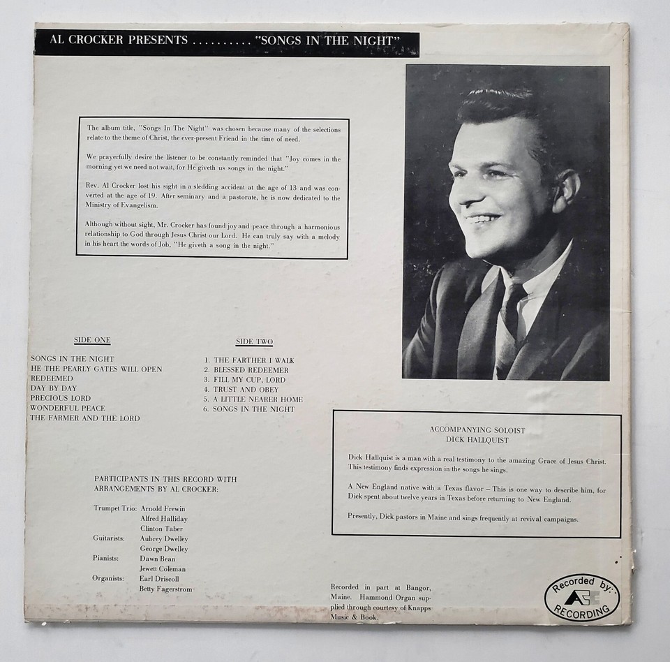 Al Crocker LP Songs in the Night - Blind Maine Xian Evangelist Gospel ...