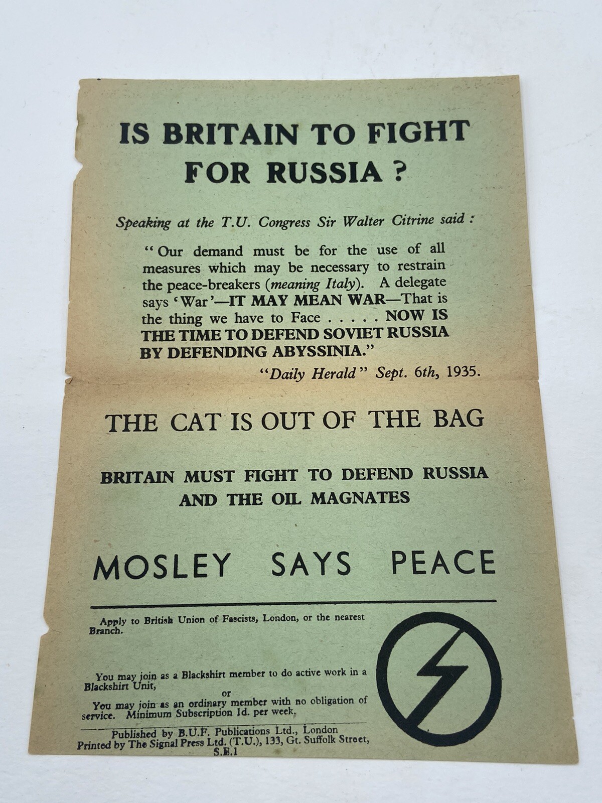 WW2 1935 British-Union-Of-Fascist B.U.F Is Britain To Fight For Russia ...