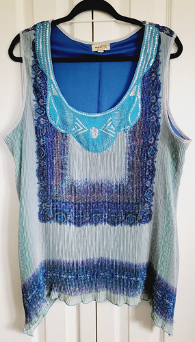 One World 2X Tank Top Blouse Boho Flowy Blue Green Stretch Ribbed Lined ...