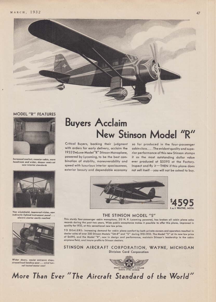 Buyers Acclaim the New Stinson Model R Monoplane ad 1932 | eBay