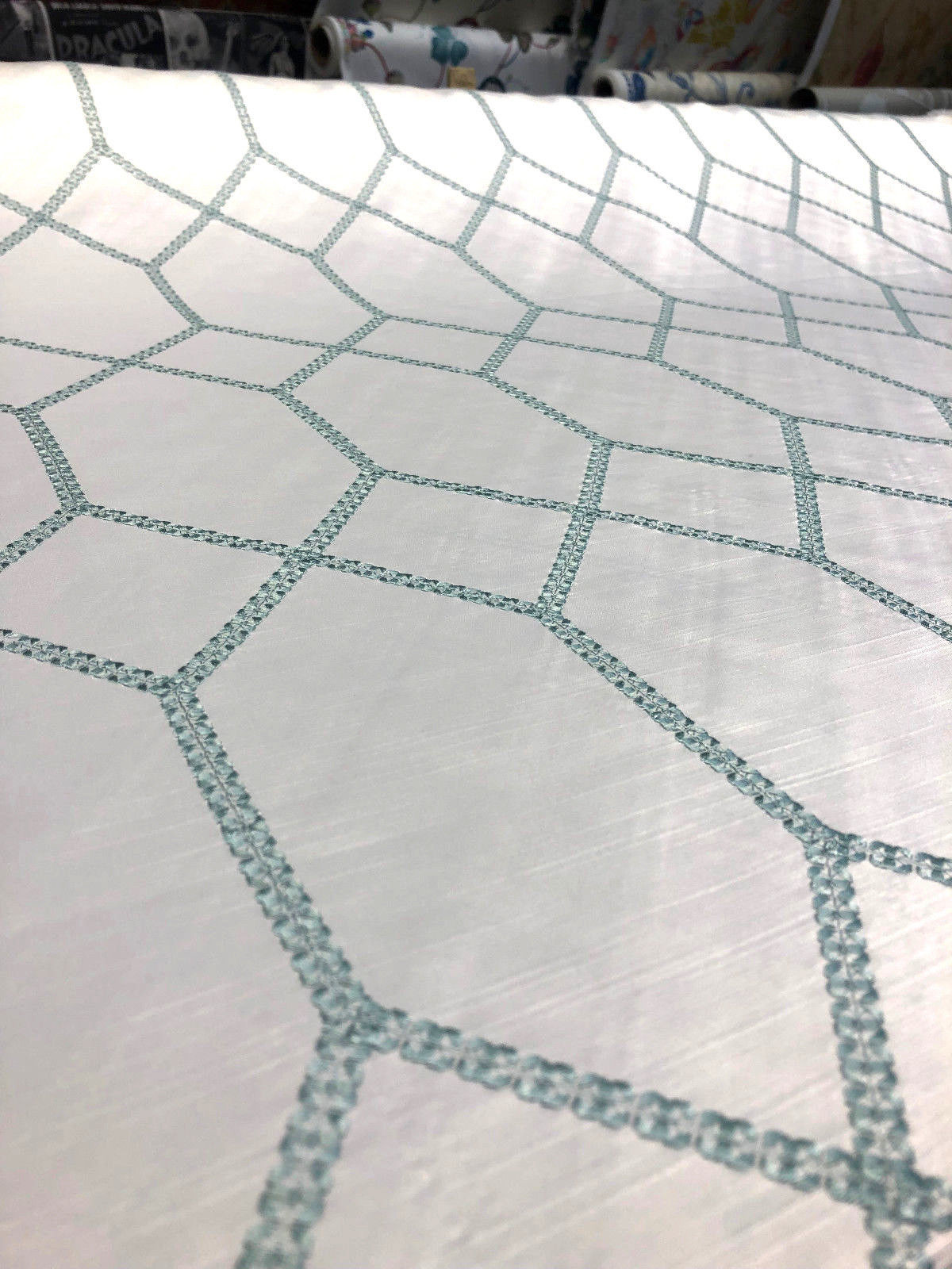 Fabricut Avalon Sky Blue Geometric Embroidery Jacquard Fabric by the ...