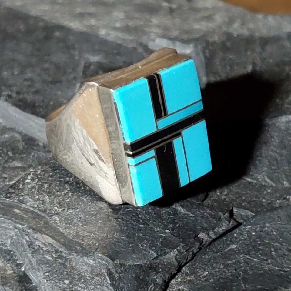 Navajo WILBERT GRAY Turquoise, Jet Inlay Sterling Silver Ring 11.25 | eBay