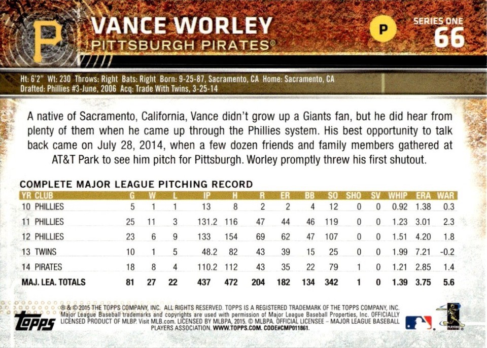 2015 Topps Baseball Card Vance Worley Pittsburgh Pirates #66 | eBay