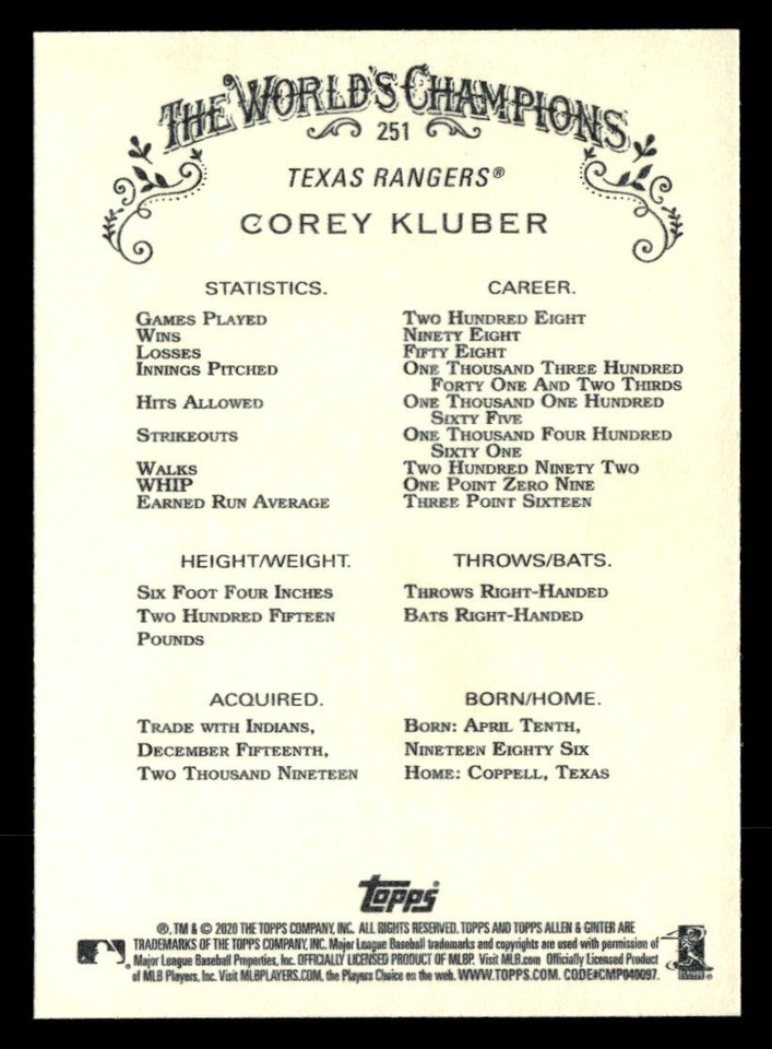 Corey Kluber 2020 Topps Allen & Ginter X Card #251 Texas Rangers | eBay