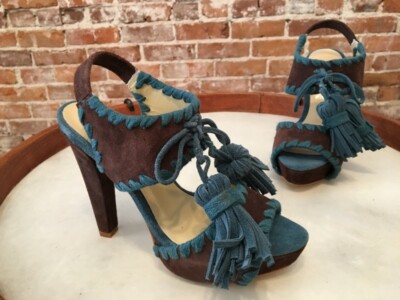 Paco Gil Brown Suede & Turquoise Oversized Tassels High Heel Sandal 5.5 ...