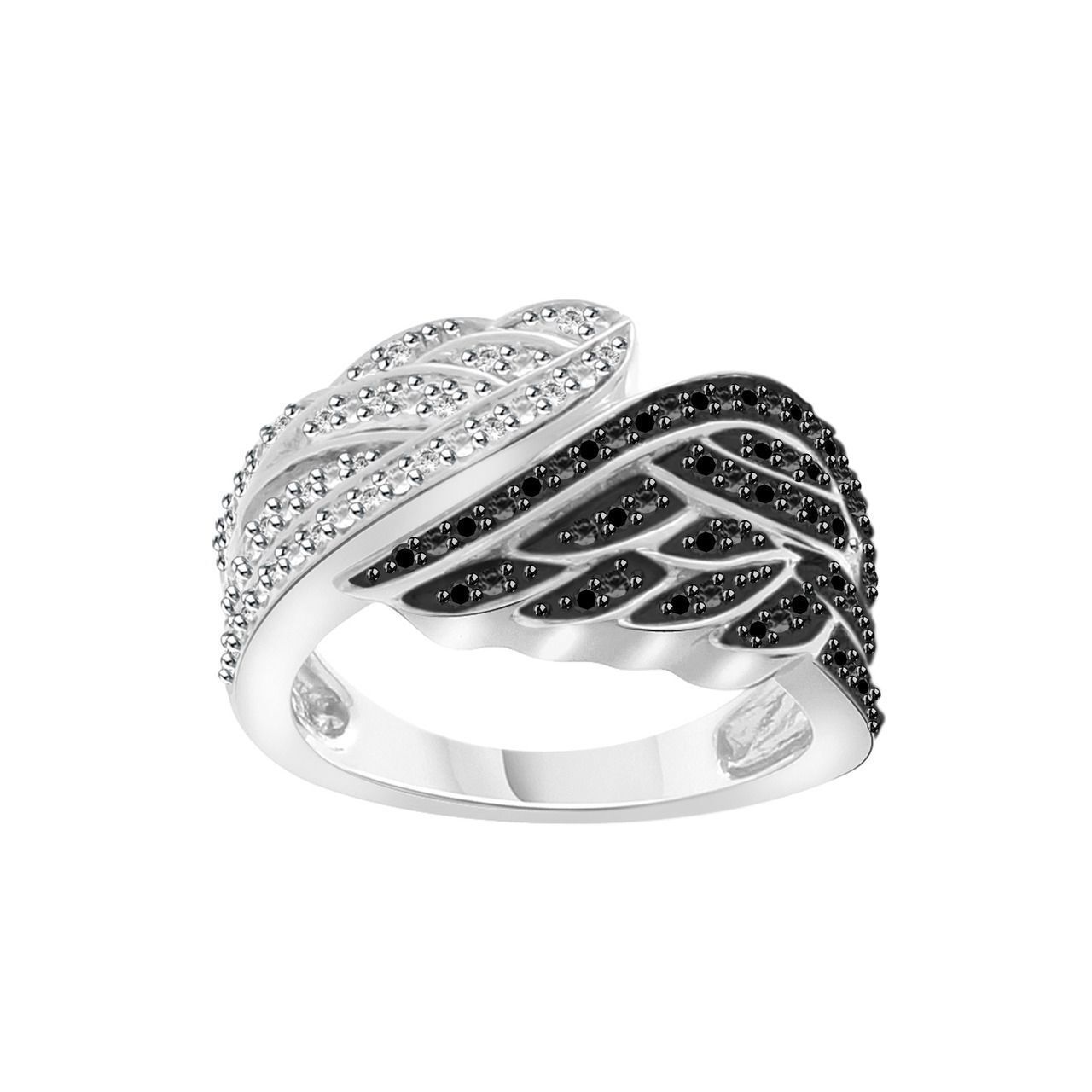 1/7ct Real Black & White Diamond Angel Wing Ring 925 Sterling Silver ...