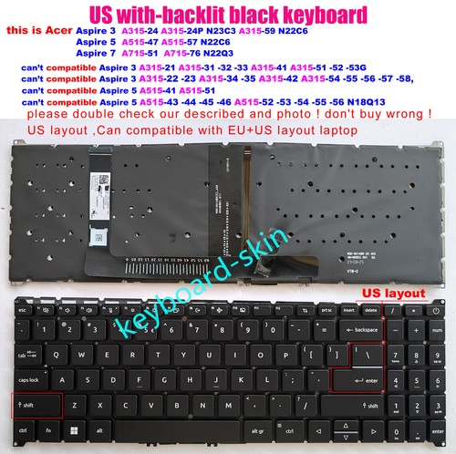 New US backlit Keyboard For Acer Aspire A315-59 A515-57 A715-51 A715-76 ...