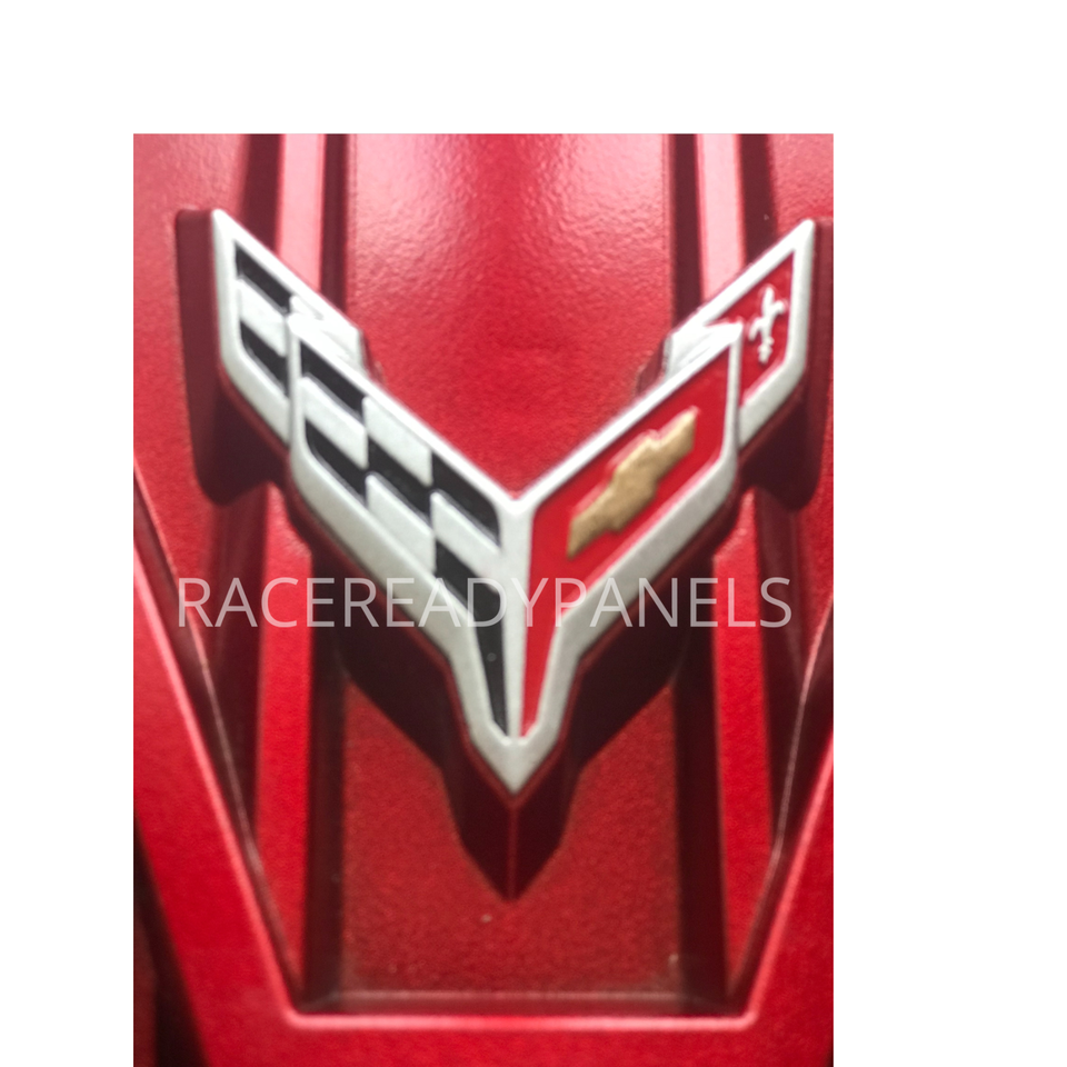 2020/23 CORVETTE C8 ENGINE COVER EDGE RED SILVER EMBLEM TORCH RED CF ...