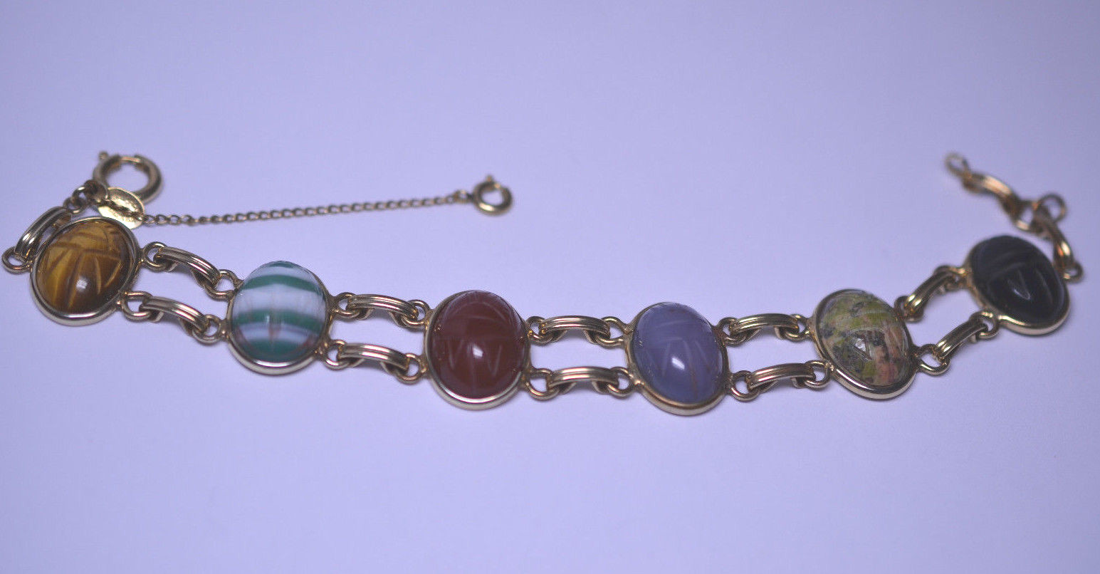VTG BAL-RON GOLD FILLED GENUINE STONE 6 SCARAB DOUBLE LINK BRACELET ...