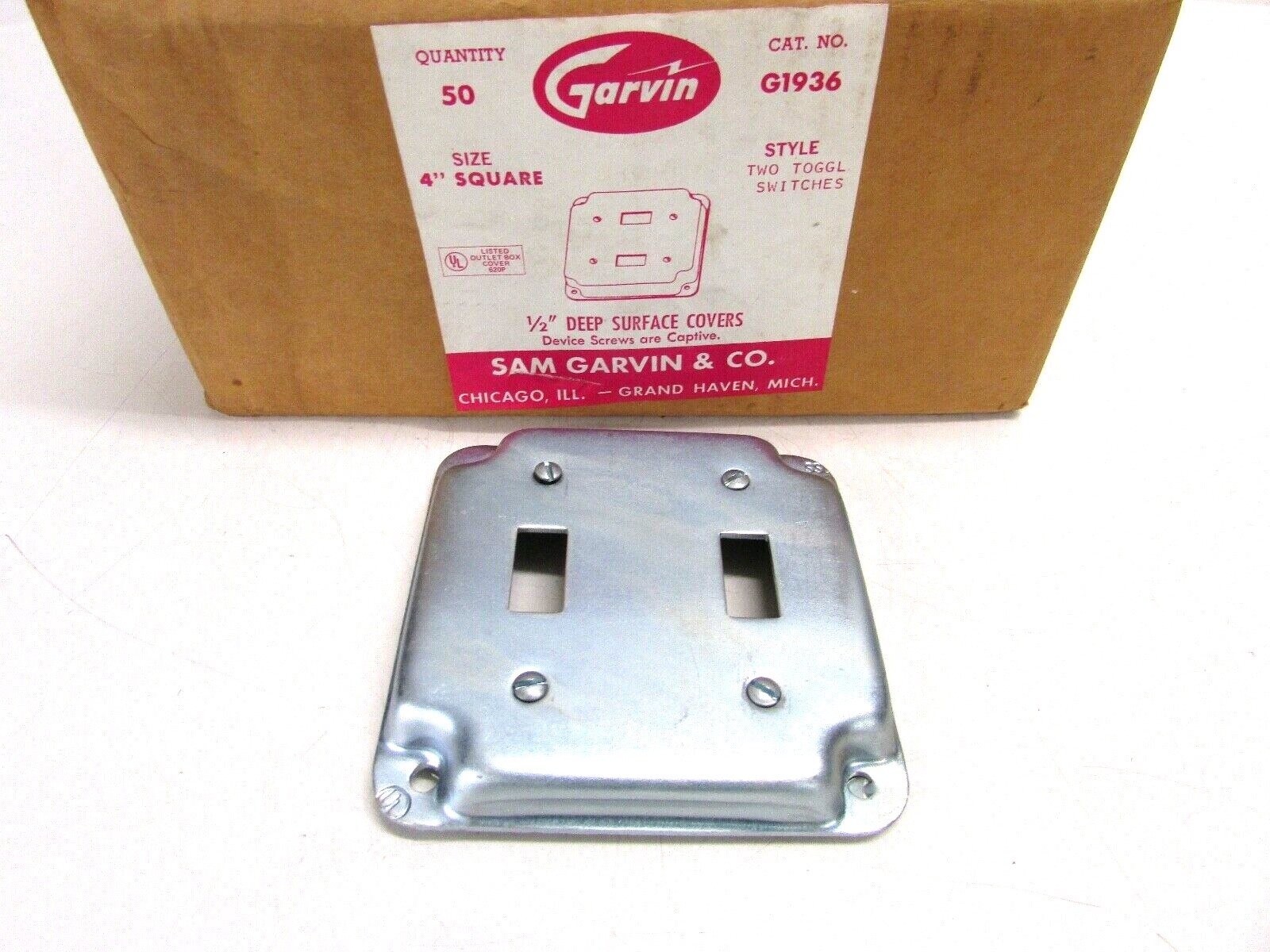 NOS! LOT of 25 SAM GARVIN 4" SQUARE STEEL TWO TOGGLE SWITCH COVERS ...