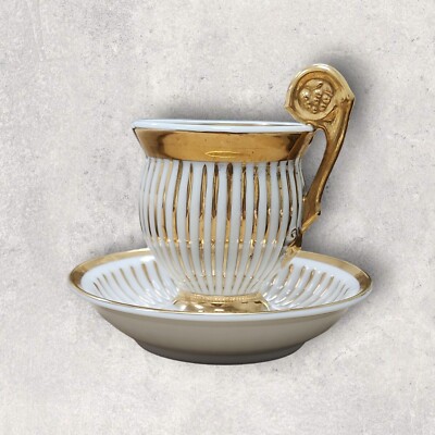 Antique European Tea Cup Saucer Gold White Embossed Stripe Porcelain G ...