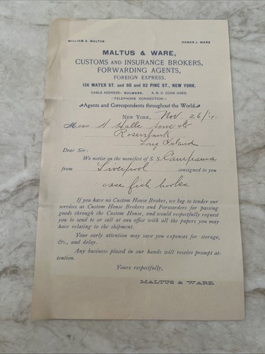 c1904 Maltus & Ware Agents - SS CAMPANIA LIVERPOOL SHIP - New York NY ...