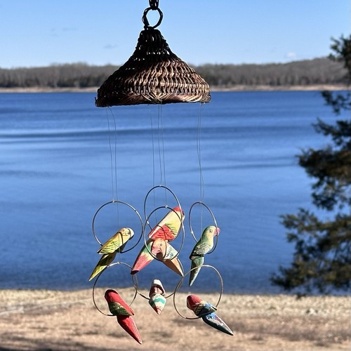 Wooden Bird Hanging Mobile w/ Rattan Canopy Boho Folk Art Vintage | eBay