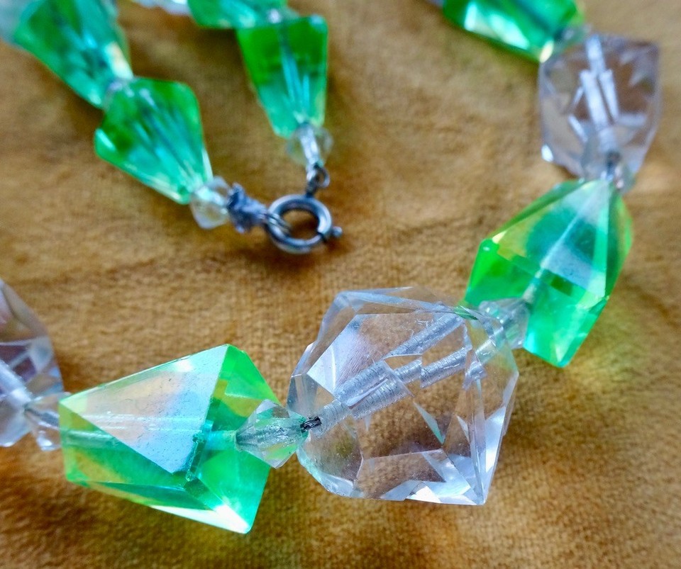 vintage art deso blue green clear givre glass bead chain strung ...