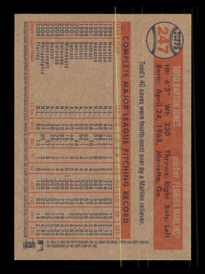 2006 Baseball Topps Heritage Todd Jones Florida Marlins #247 | eBay