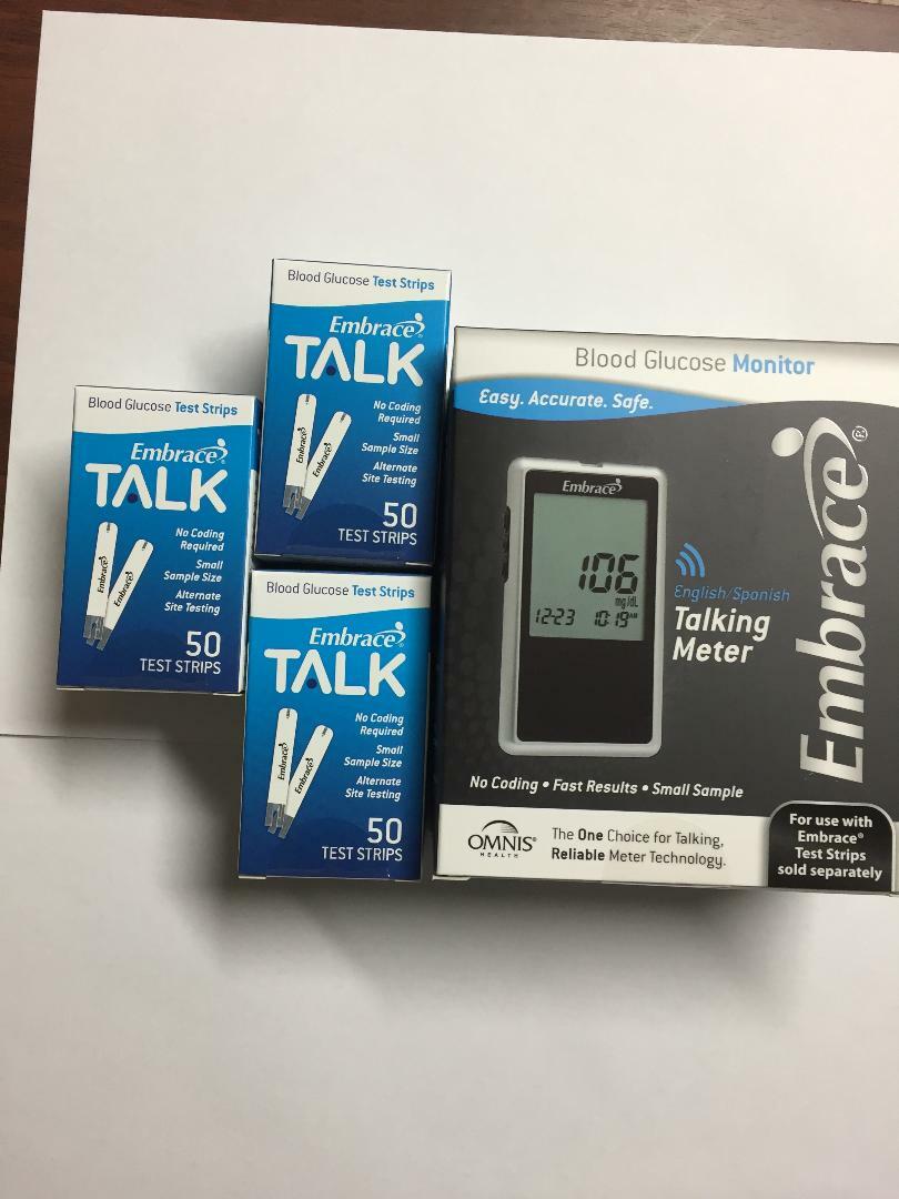 Embrace Blood Glucose 150 Test Strips And TALKING METER NO CODING Exp ...