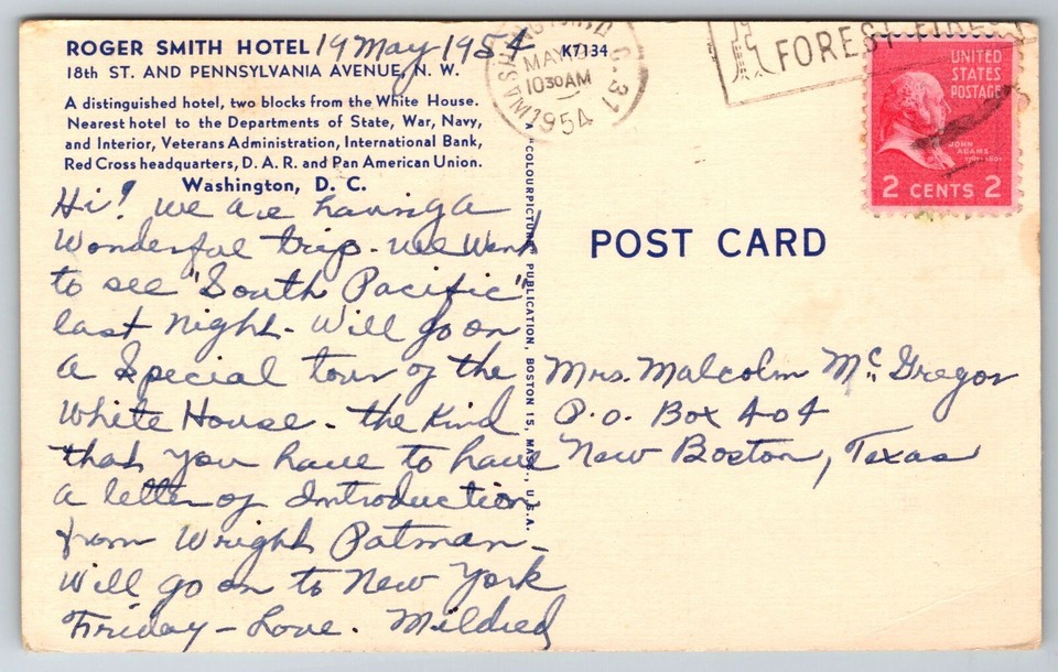 Postcard Washington DC Roger Smith Hotel Vintage 1954 Posted McGregor ...