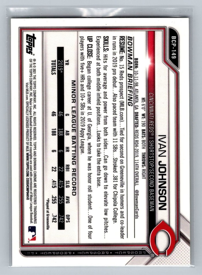 Ivan Johnson 2021 Bowman Chrome 1st Yellow Speckle Refractor /75 Reds ...