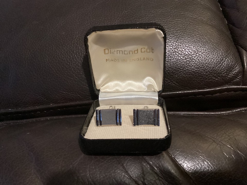 Vintage "Diamond Cut" cufflinks Original Box Made in England Silver ...