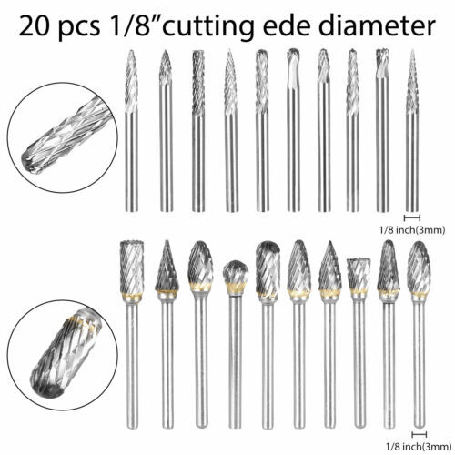 20x Tungsten Carbide Burr Cutting Carving Burr 1/8 Shank Dremel Rotary ...